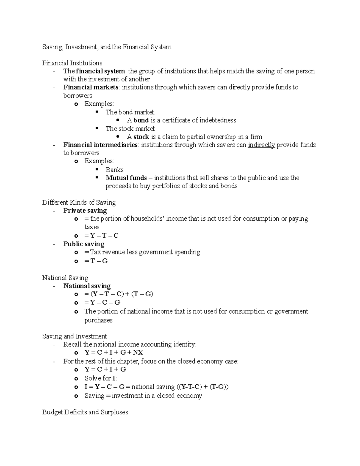 Chapter 13 Notes #1 - Saving, Investment, and the Financial System ...