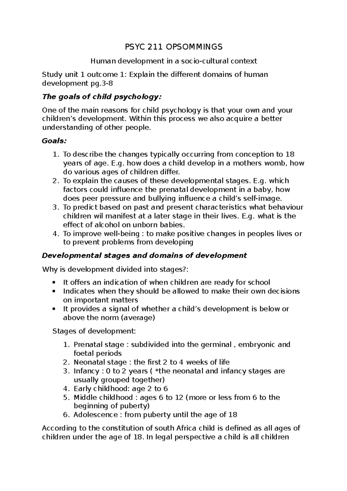 PSYC 211 Opsommings - summaries - PSYC 211 OPSOMMINGS Human development ...