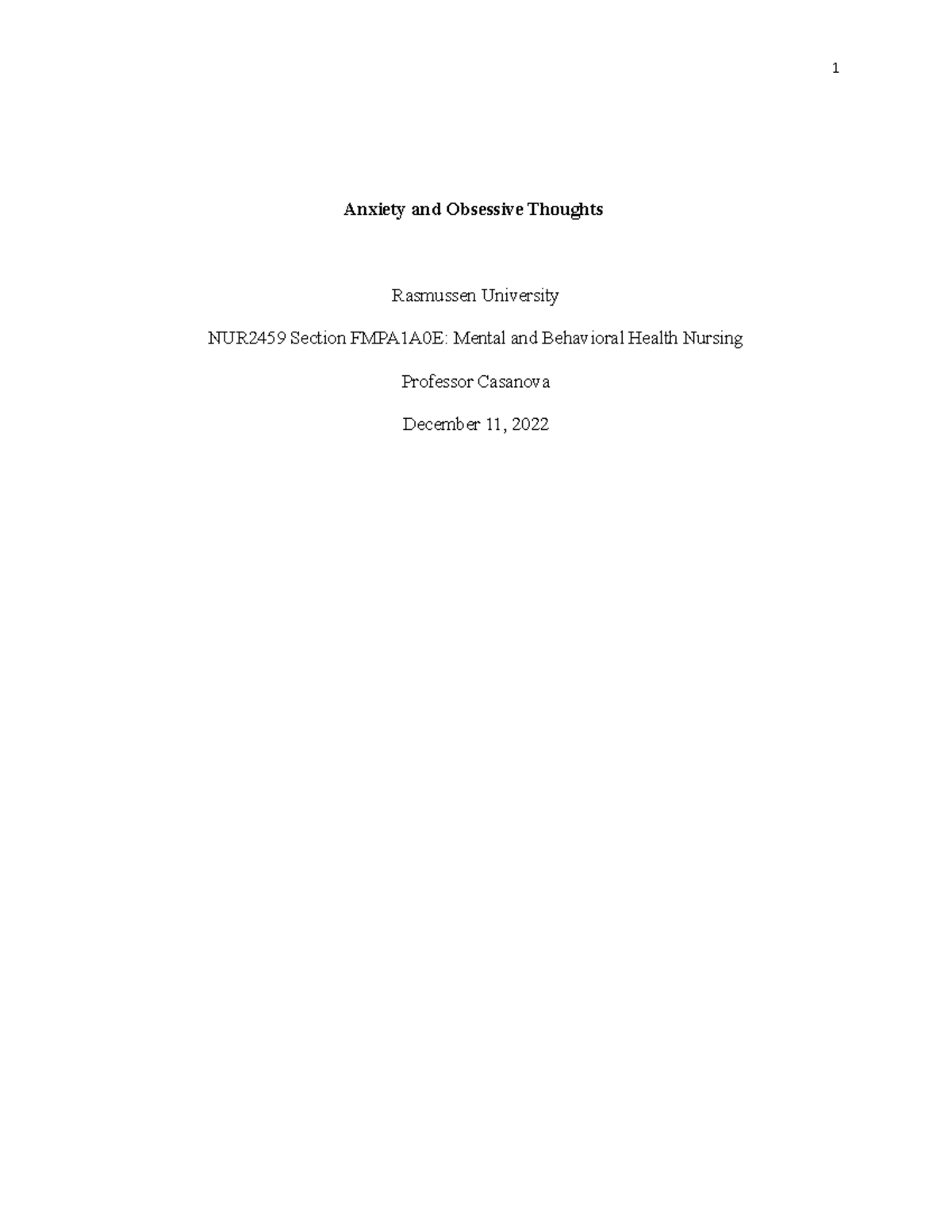 Mental Health Mod 9 - Assignment module 9 - Anxiety and Obsessive ...