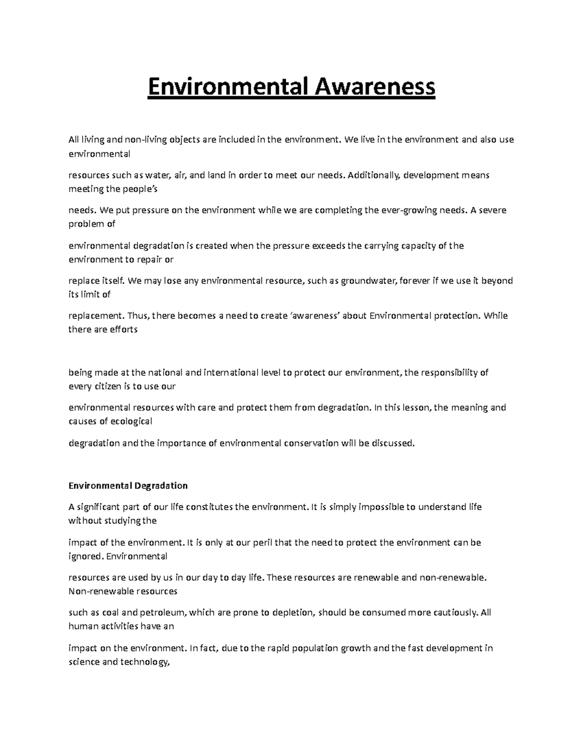 Environmental Awareness - We live in the environment and also use ...