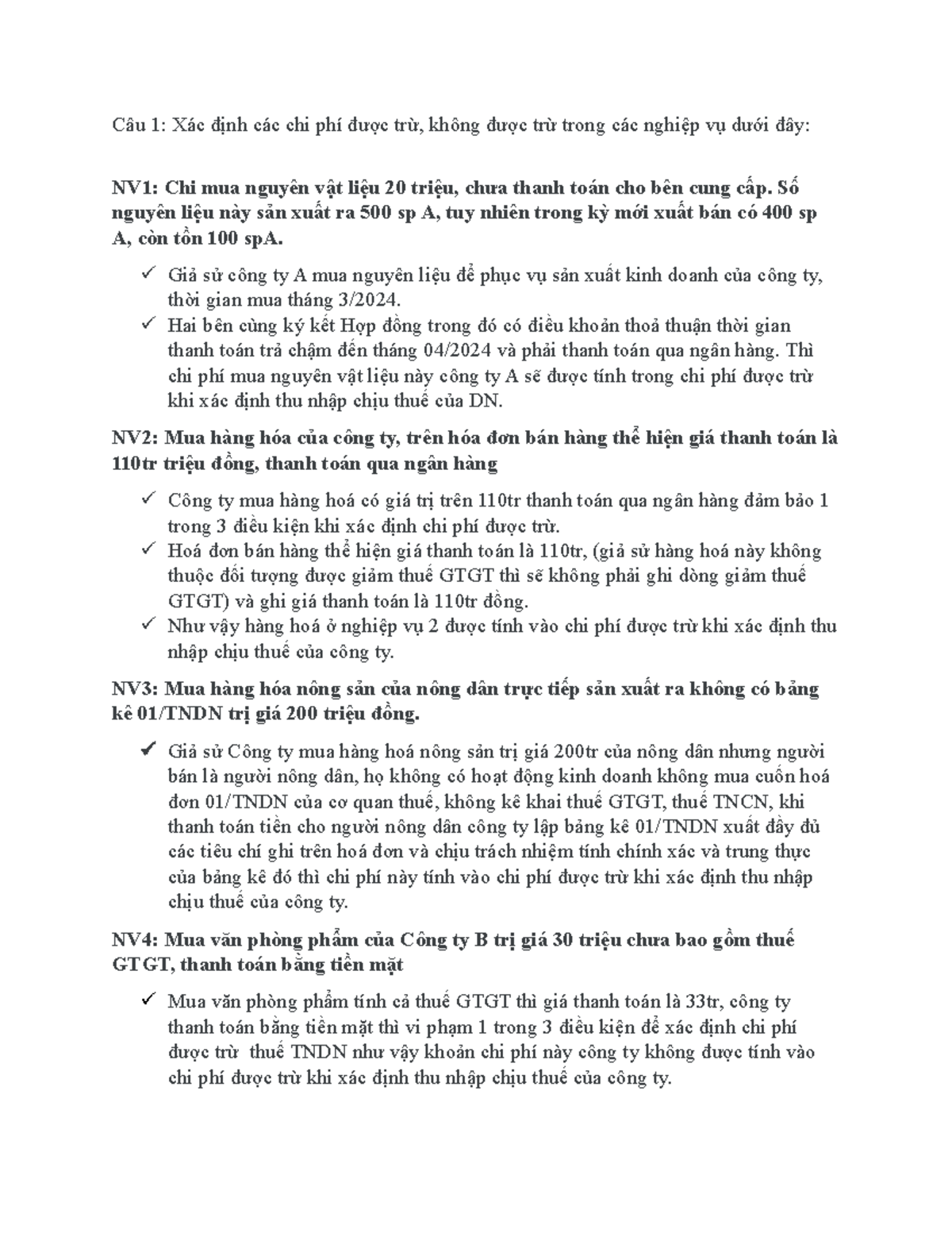 TNDN BÀI 1 - kjhh - Câu 1: Xác định các chi phí được trừ, không được ...