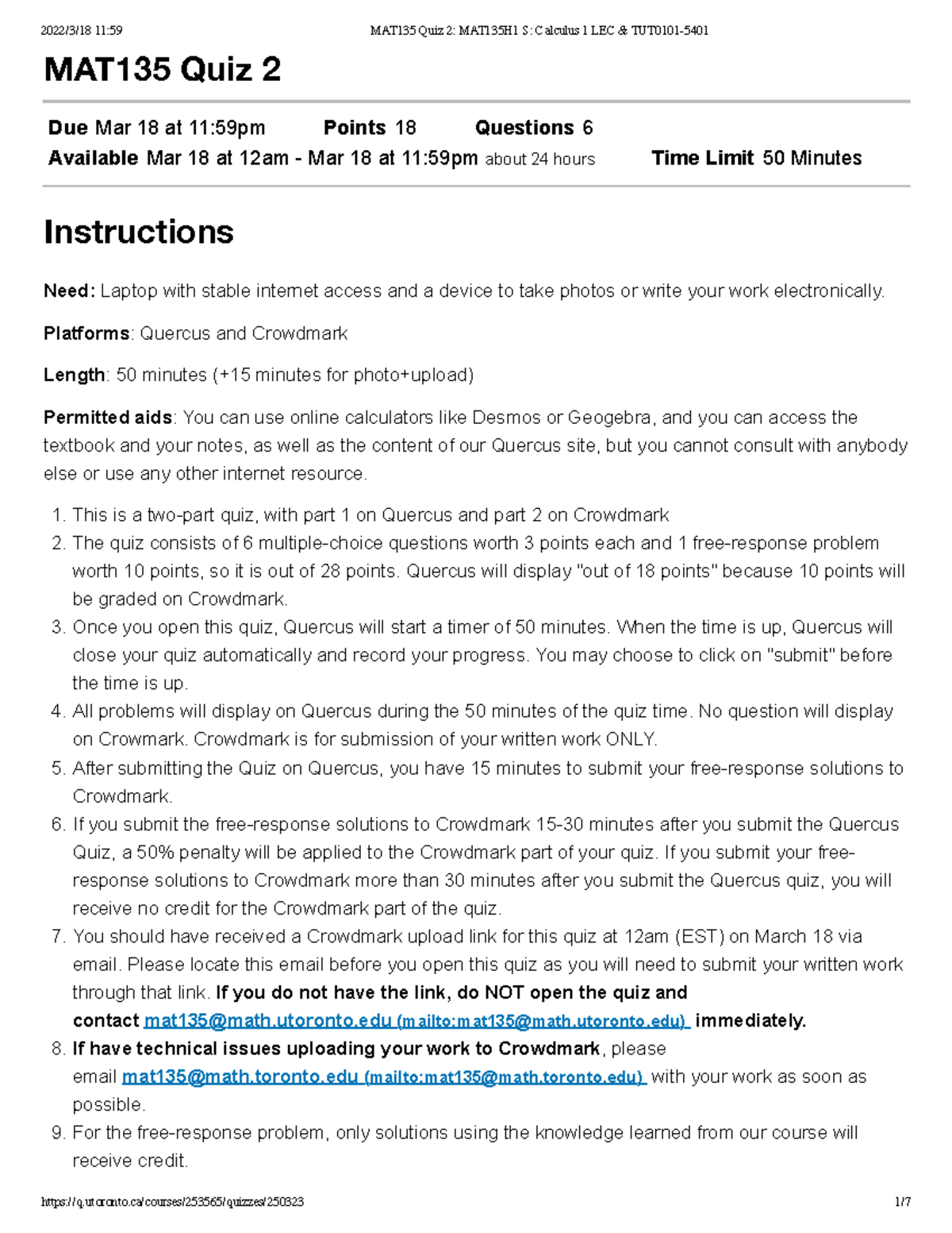 MAT135 Quiz 2 MAT135H1 S Calculus 1 LEC & TUT0101-5401 - MAT135 Quiz 2 ...