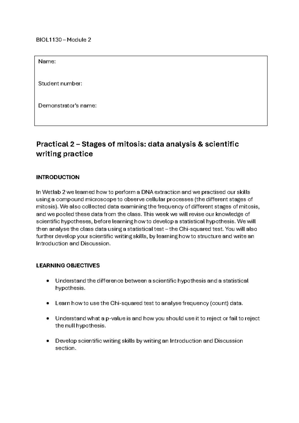 Practical 2 2024 worksheet - BIOL1130 – Module 2 Practical 2 – Stages of mitosis: data analysis ...