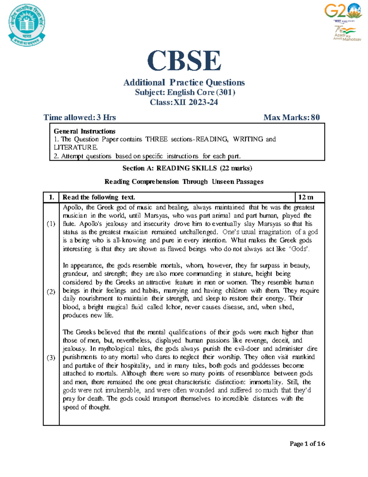 English Core-PQ - CBSE Additional Practice Questions Subject: English ...