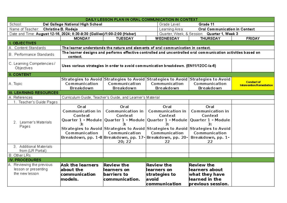 Oral Comm Week3 - Lesson Plan - DAILY LESSON PLAN IN ORAL COMMUNICATION ...