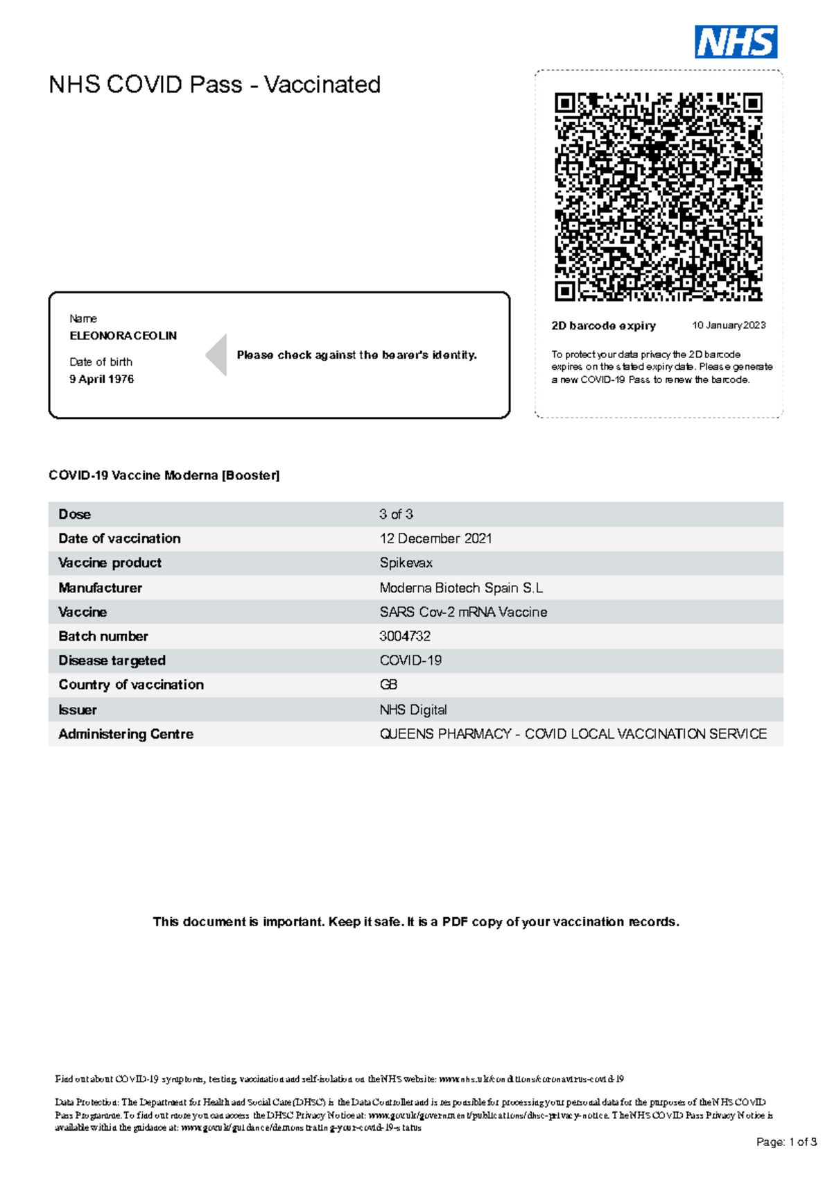 Coronavirus ( Covid-19) records - NHS COVID Pass - Vaccinated 2D ...