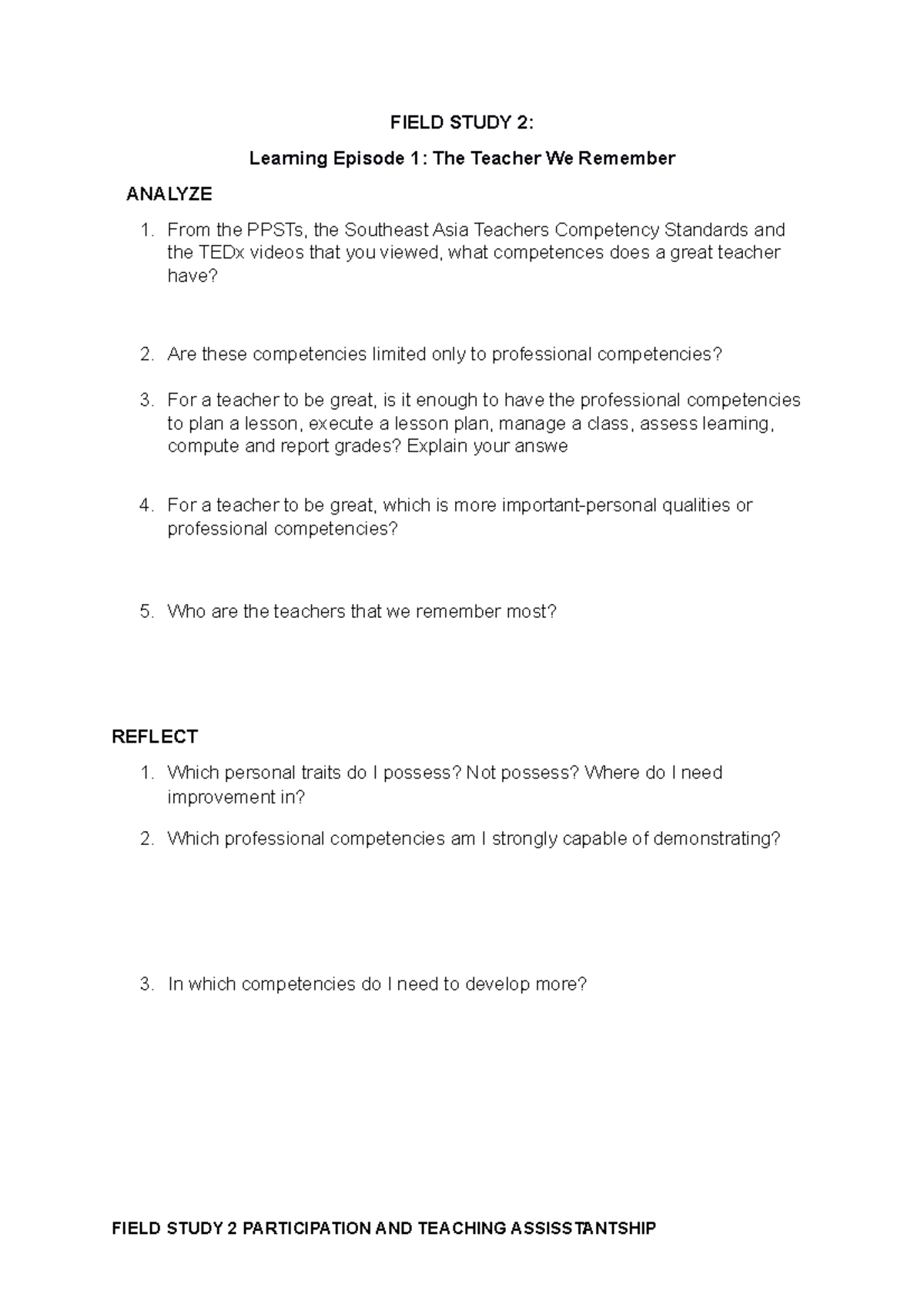 FS-2-1 - BLANK WORKSHEET - FIELD STUDY 2: Learning Episode 1: The ...