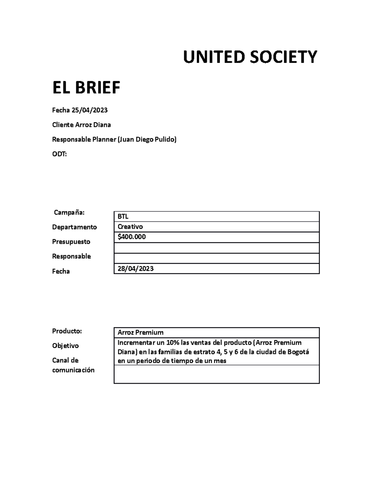 Ejemplo de Brief - UNITED SOCIETY EL BRIEF Fecha 25/04/ Cliente Arroz ...