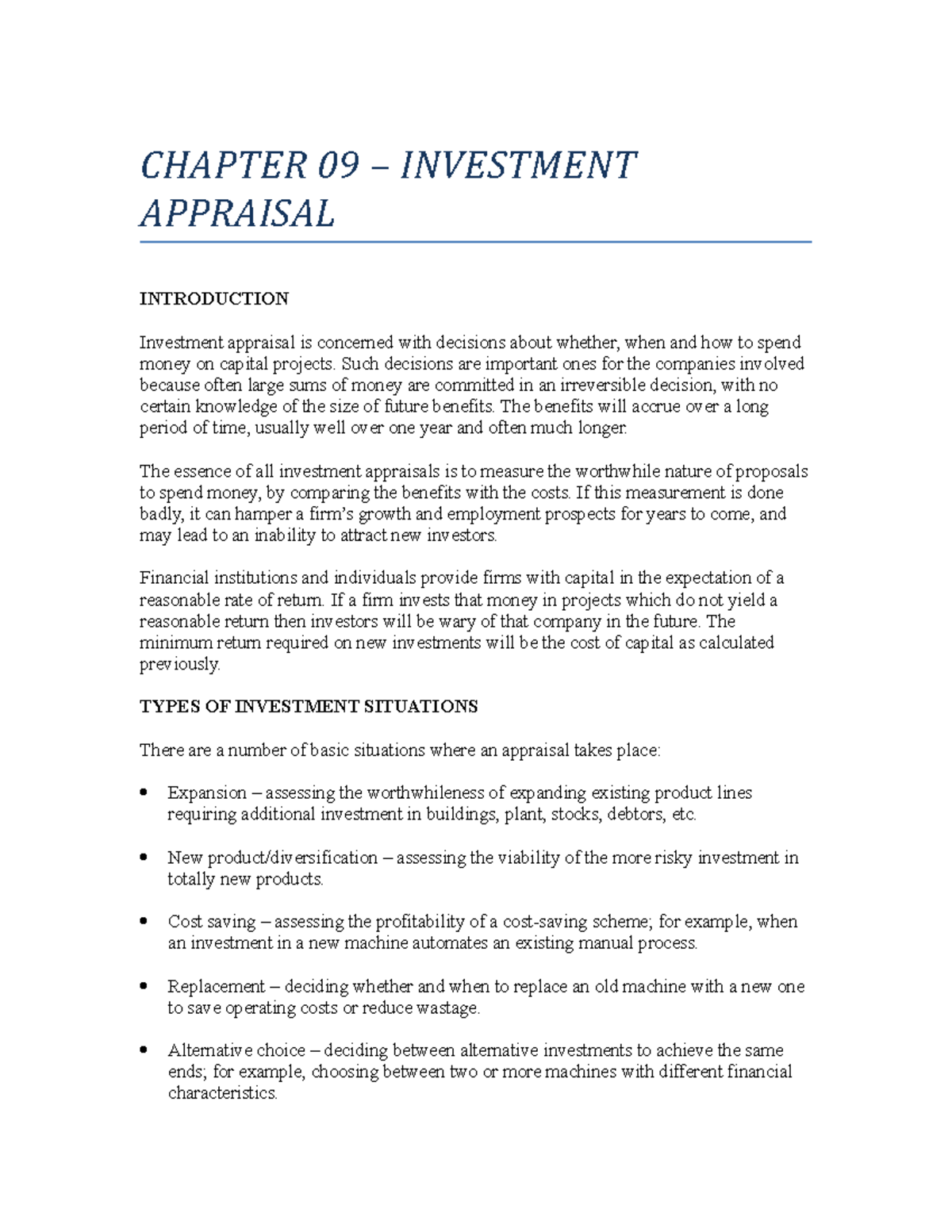 Chapter 9 - Investment Appraisals - CHAPTER 09 – INVESTMENT APPRAISAL ...