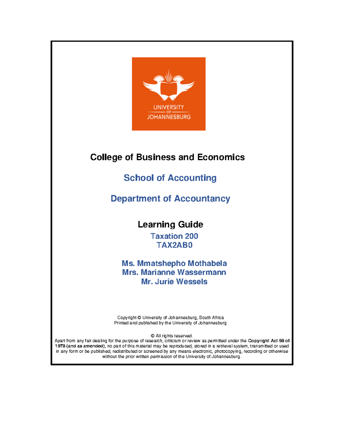 Learning Guide Tax 200 2024 - College of Business and Economics School ...