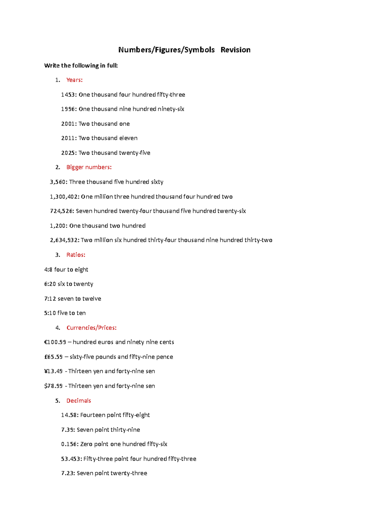 Numbers write in full Exercises - Numbers/Figures/Symbols Revision ...