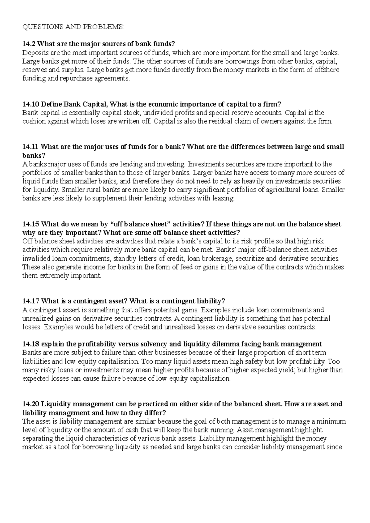 FIN111 Tutorial Work - QUESTIONS AND PROBLEMS: 14 What are the major ...