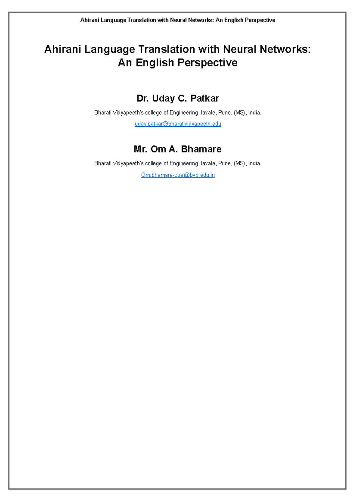 Ahirani Language Translation with Neural Networks - Uday C. Patkar Bharati Vidyapeeth's college ...