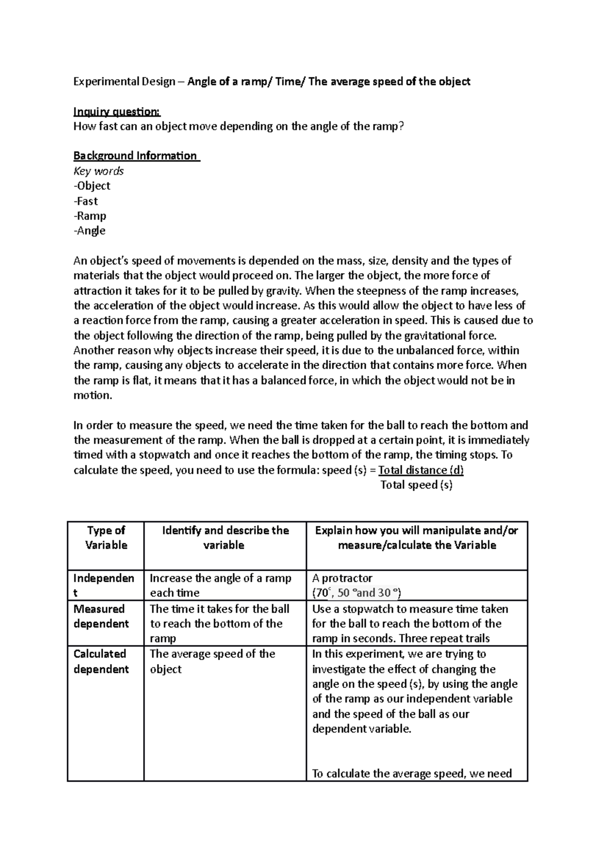 Experimental design: 7 - Experimental Design – Angle of a ramp/ Time ...