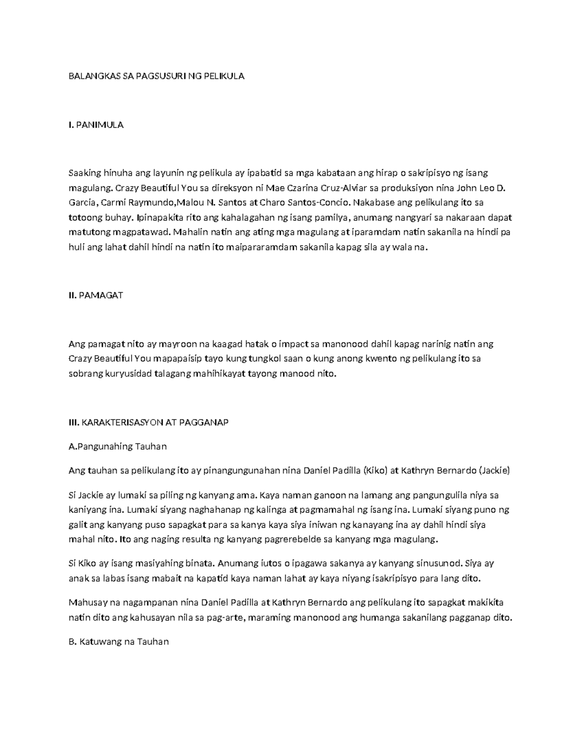 Balangkas - BALANGKAS SA PAGSUSURI NG PELIKULA I. PANIMULA Saaking ...