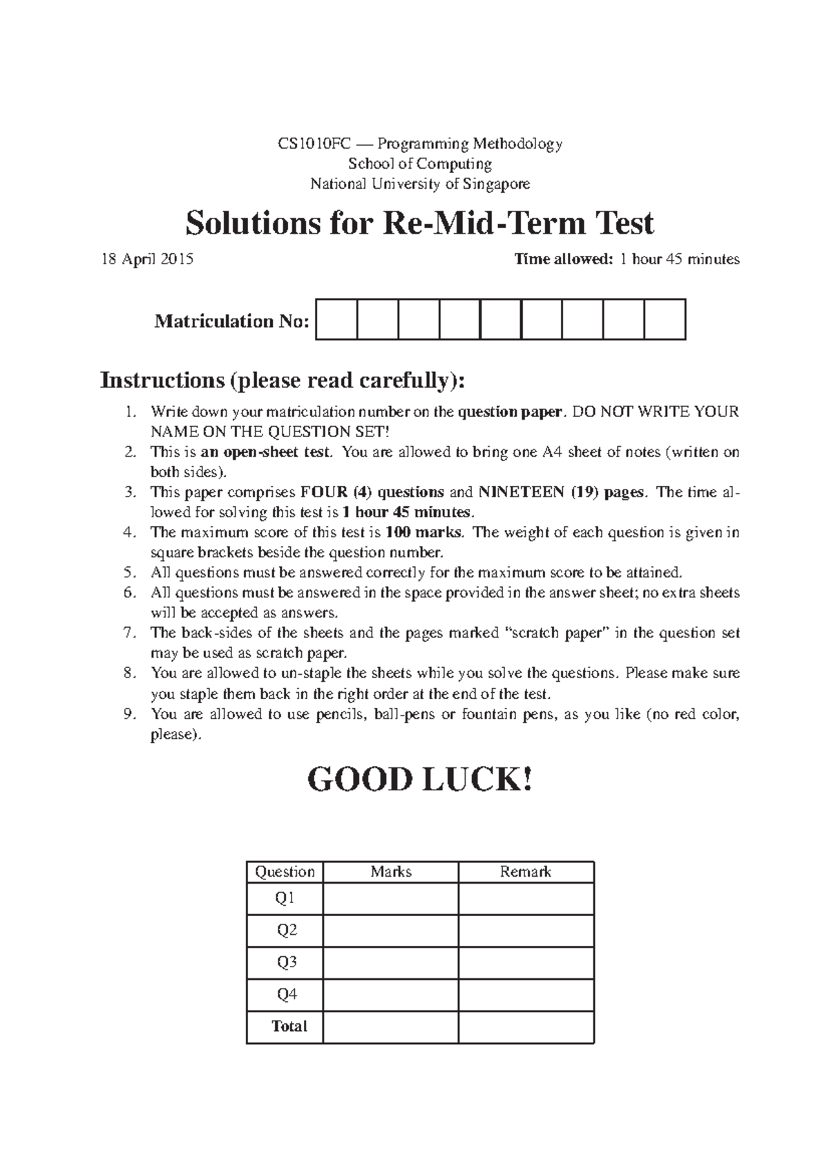 Cs1010fc remidterm solutions apr15 - CS1010FC — Programming Methodology School of Computing ...