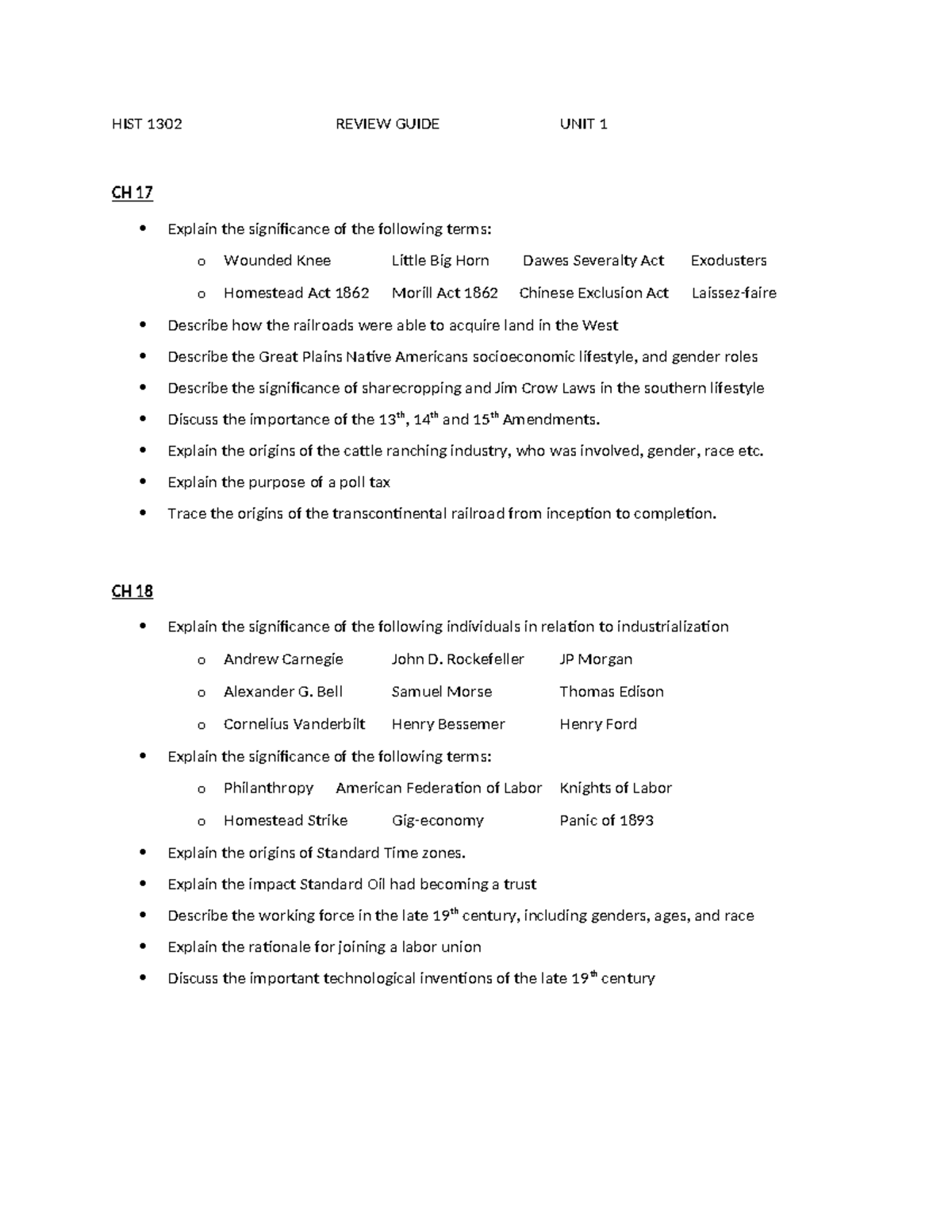 1302 Unit 1 Review Guide - Tagged - HIST 1302 REVIEW GUIDE UNIT 1 CH 17 Explain the significance ...