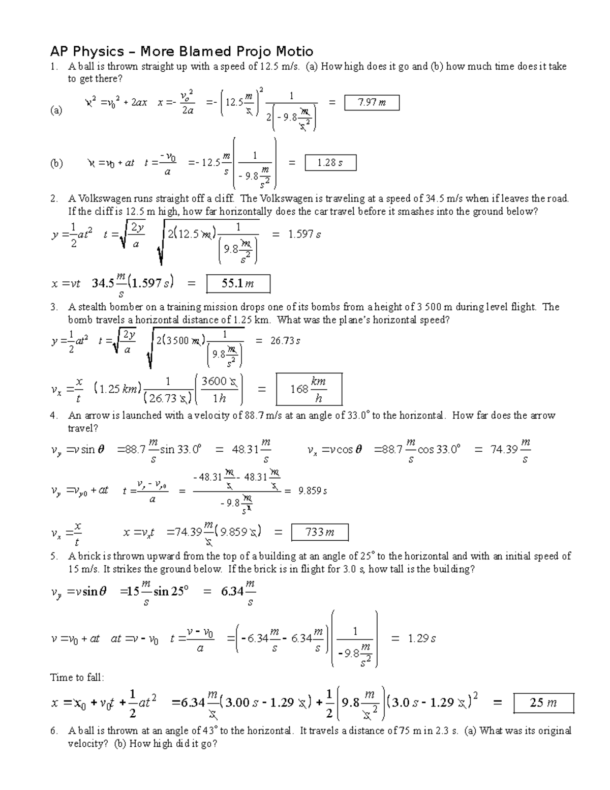 Worksheet-4-projectiles advanced key - AP Physics – More Blamed Projo ...
