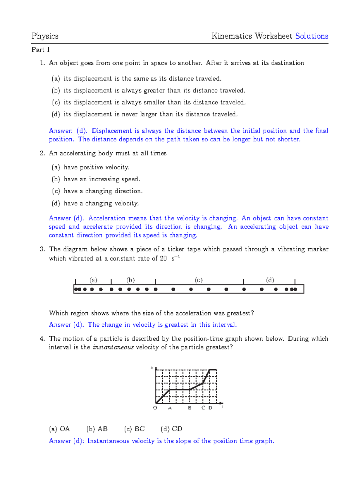 Worksheet 01 Kinematics Solutions - Physics Kinematics Worksheet Solutions Part I An object goes ...