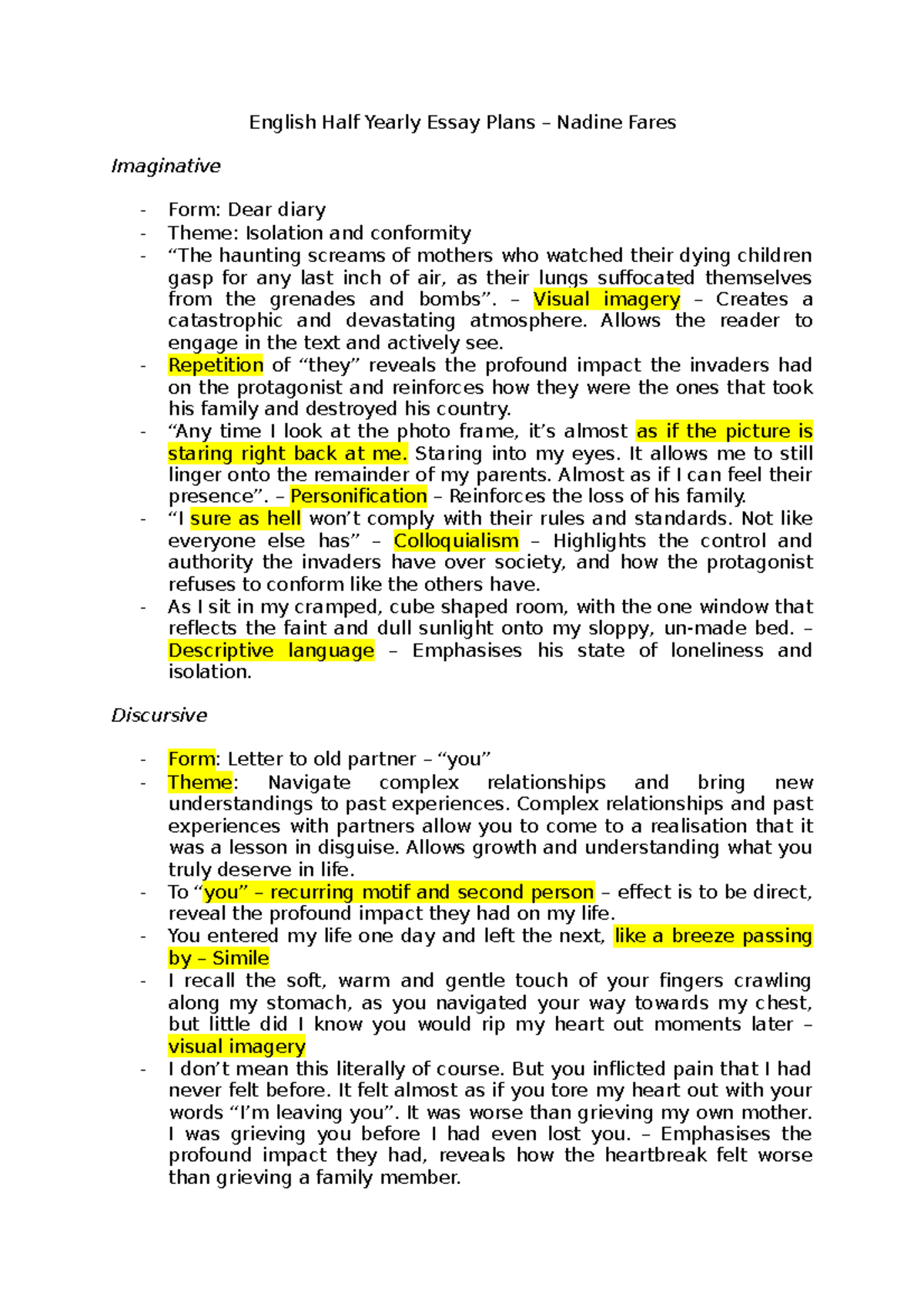 Half Yearly Essay Plans - – Visual imagery – Creates a catastrophic and ...