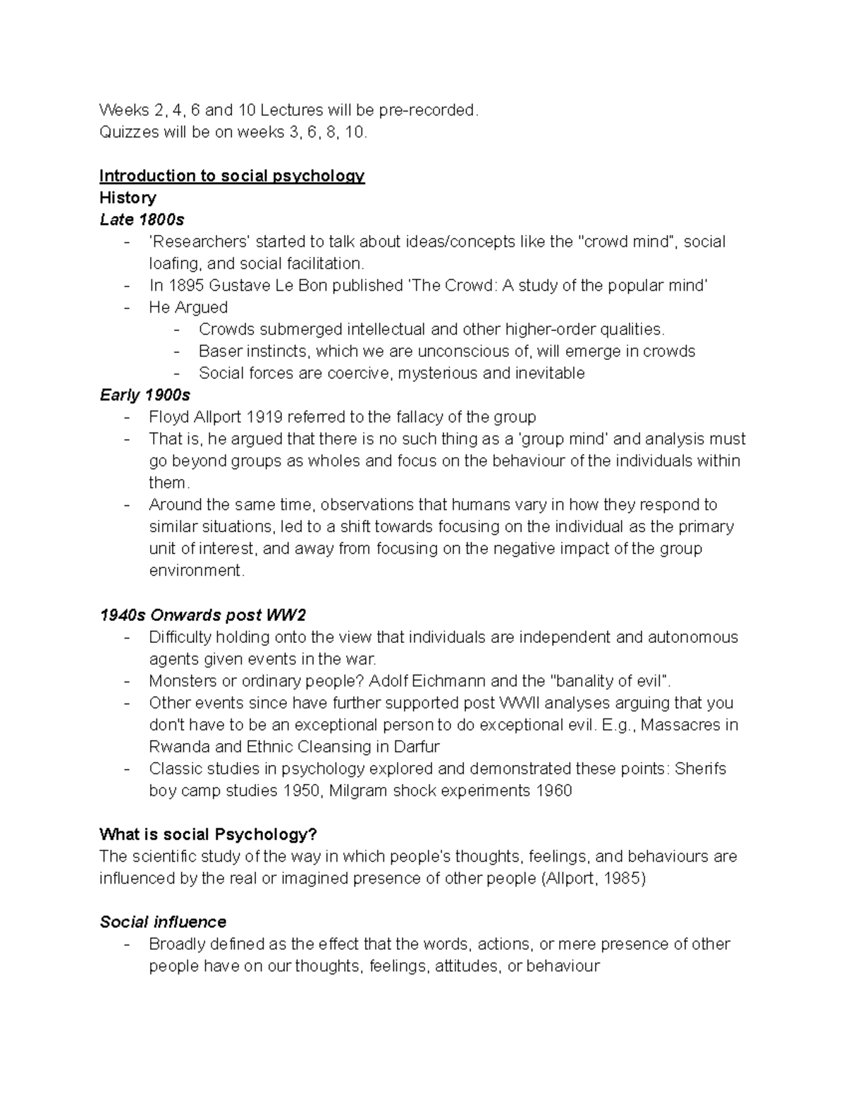 Psych 2001 Social Psychology - Weeks 2, 4, 6 and 10 Lectures will be ...