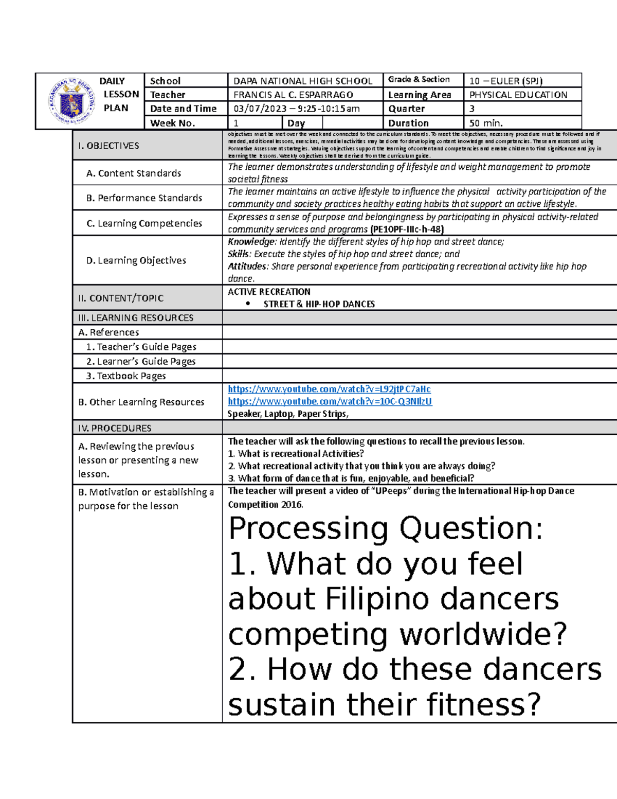 G10 DLP PE 3RD Quarter (HIP-HOP) - DAILY LESSON PLAN School DAPA ...