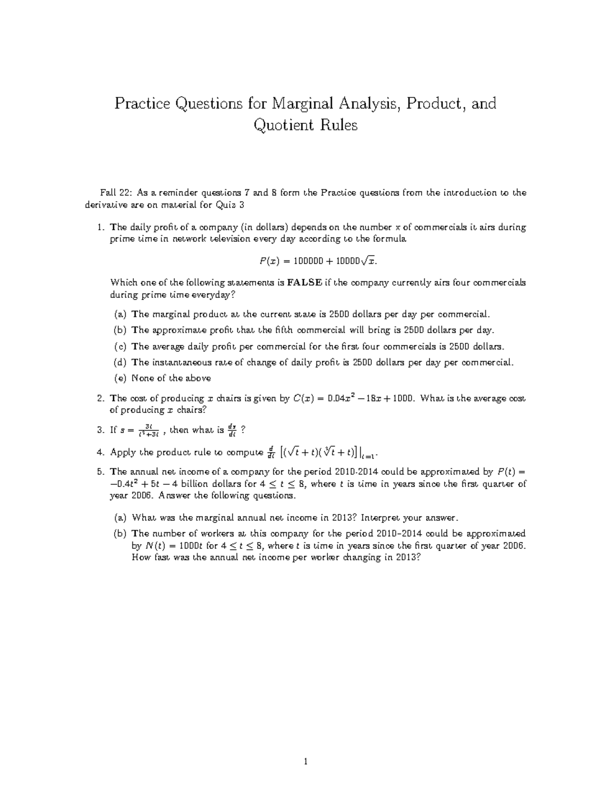 Practice Q Marginal Analysis Product and Quotient rules - Practice ...
