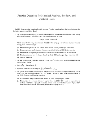 Practice Q Marginal Analysis Product and Quotient rules Key - Practice ...