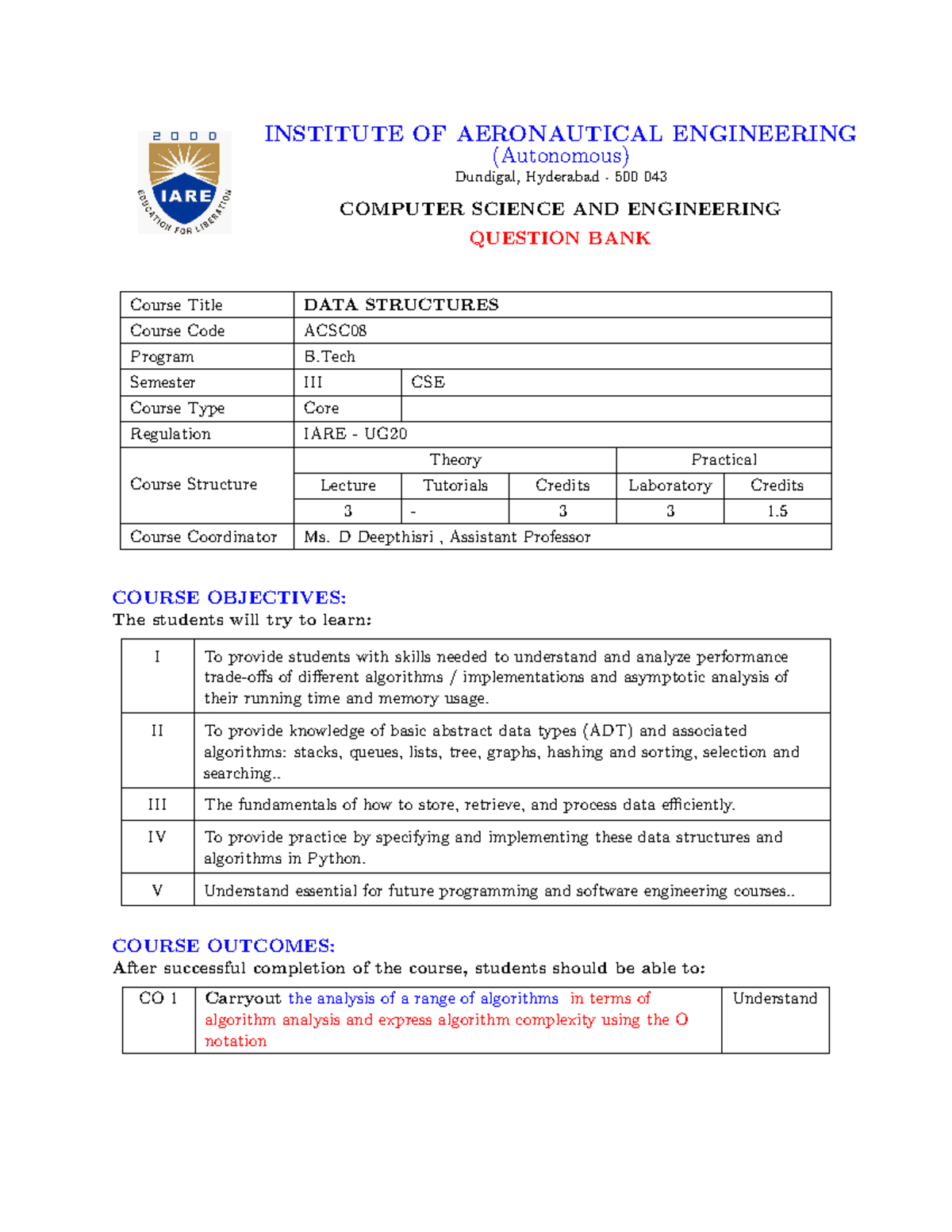 Data Structures Question Bank - INSTITUTE OF AERONAUTICAL ENGINEERING ...