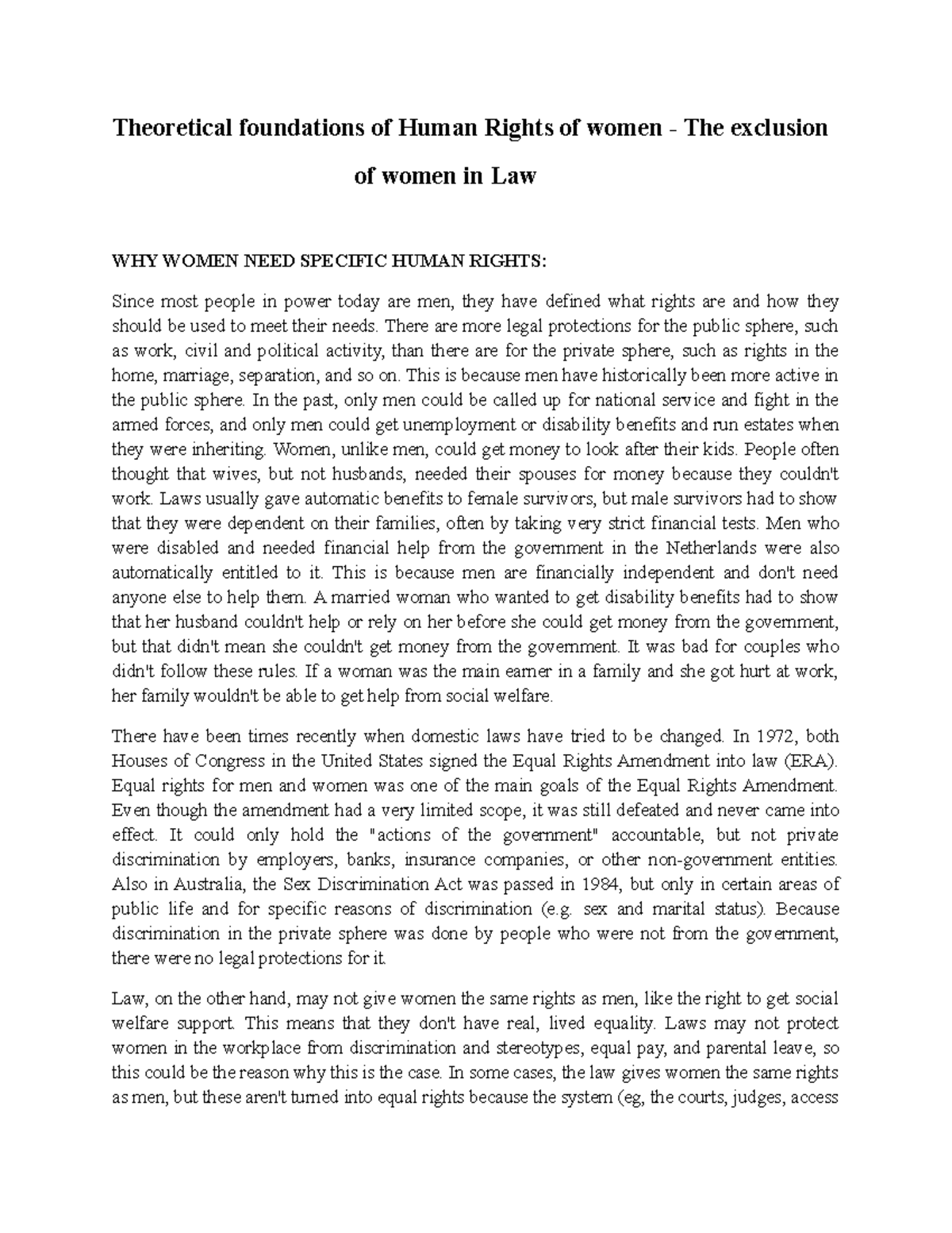 Theoretical foundations of Human Rights of women The exclusion of women ...