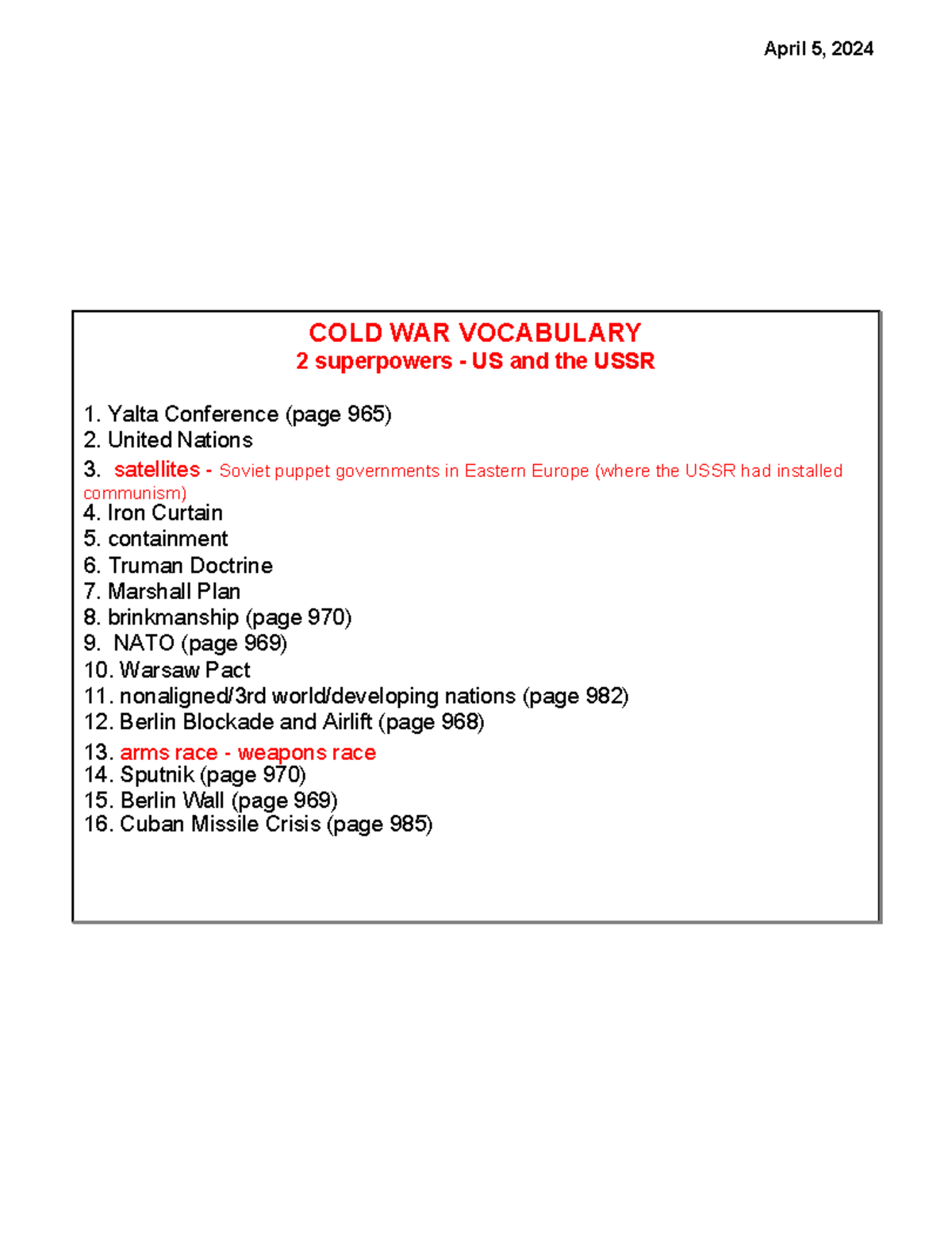 Cold War Vocab list - ................... - April 5, 2024 COLD WAR ...
