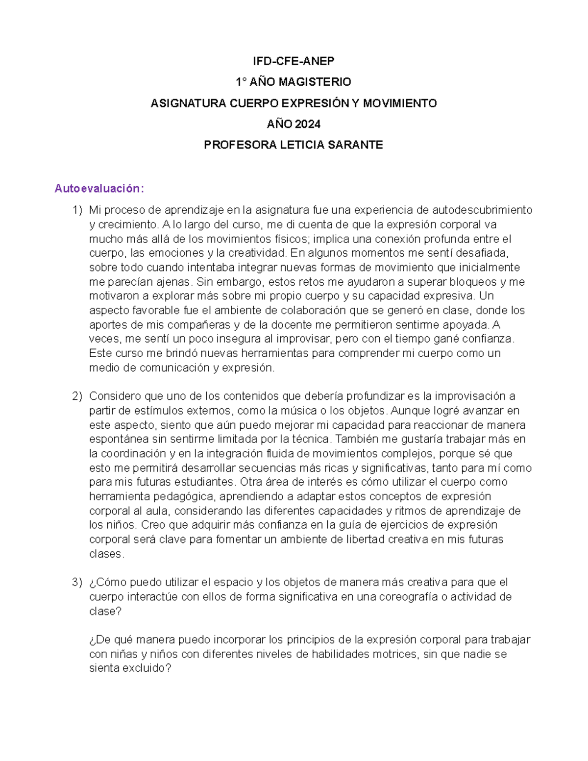 Autoevaluación - Expresión y movimiento - IFD-CFE-ANEP 1° AÑO ...