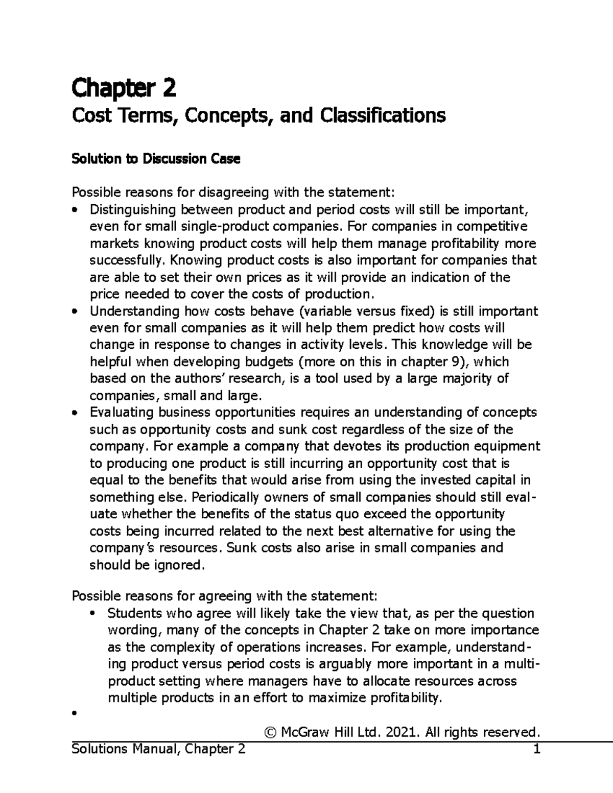 Chapter 2 - Chapter 2 Cost Terms, Concepts, and Classifications Solution to Discussion Case ...