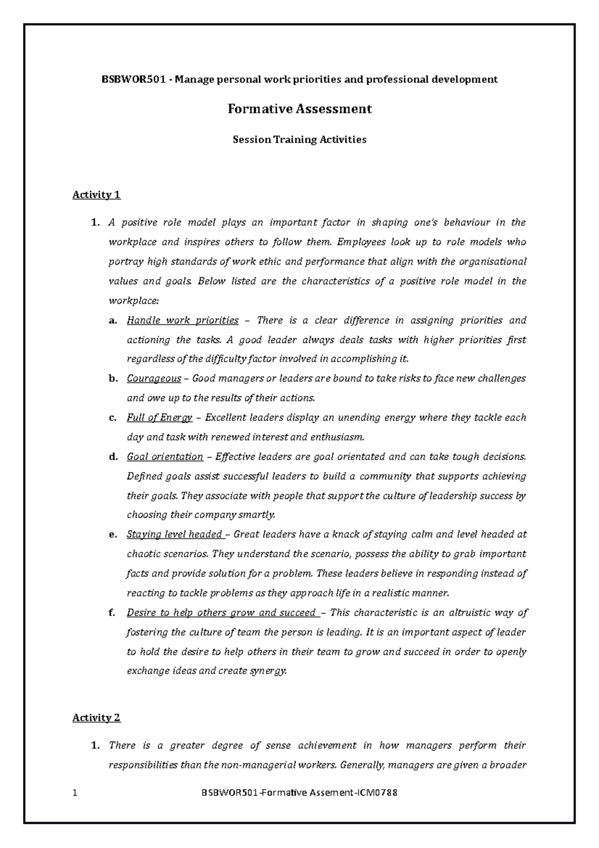 Bsbwor 501-Formative Assement - BSBWOR501 - Manage personal work ...