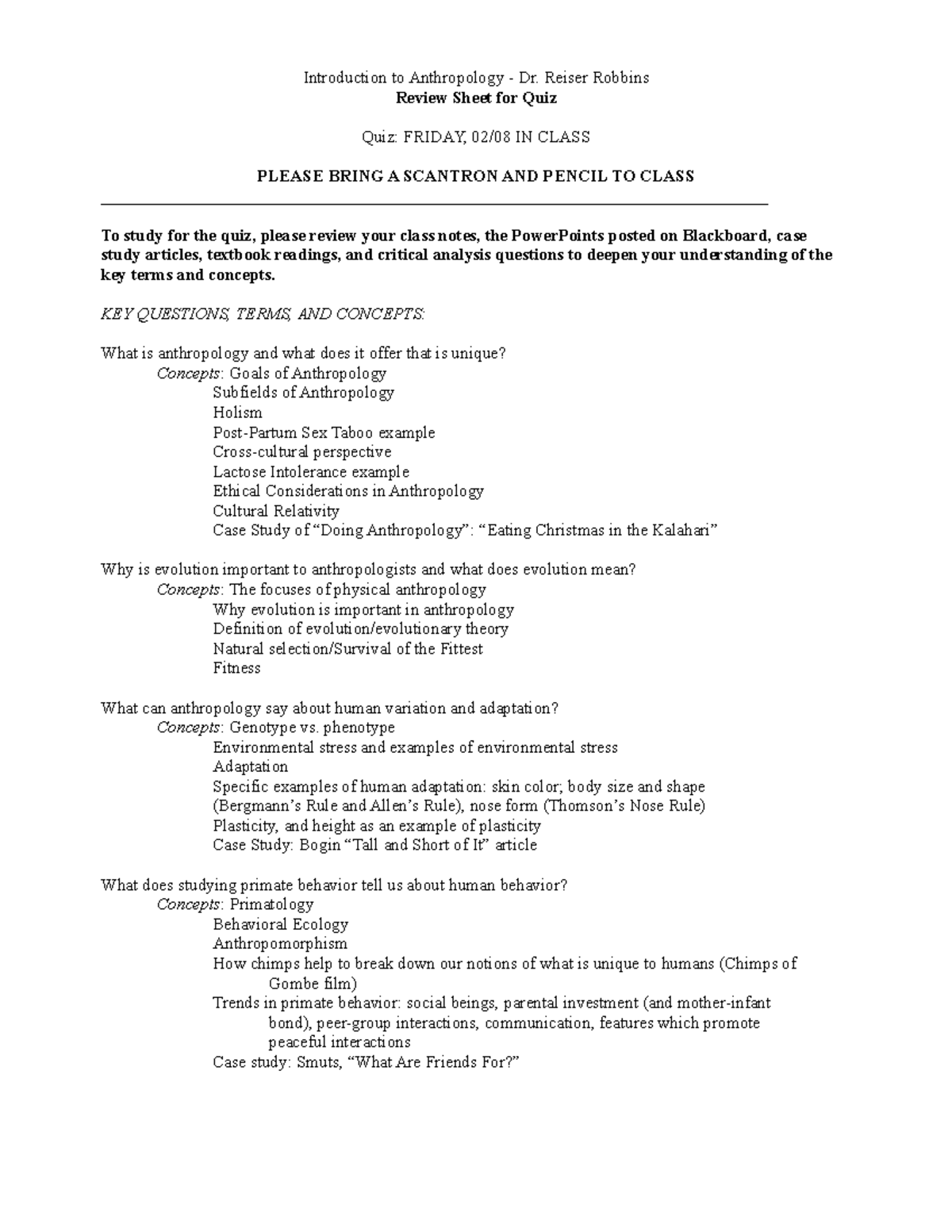Introduction to Anthropology Quiz Review Sheet Spring 2019 ...