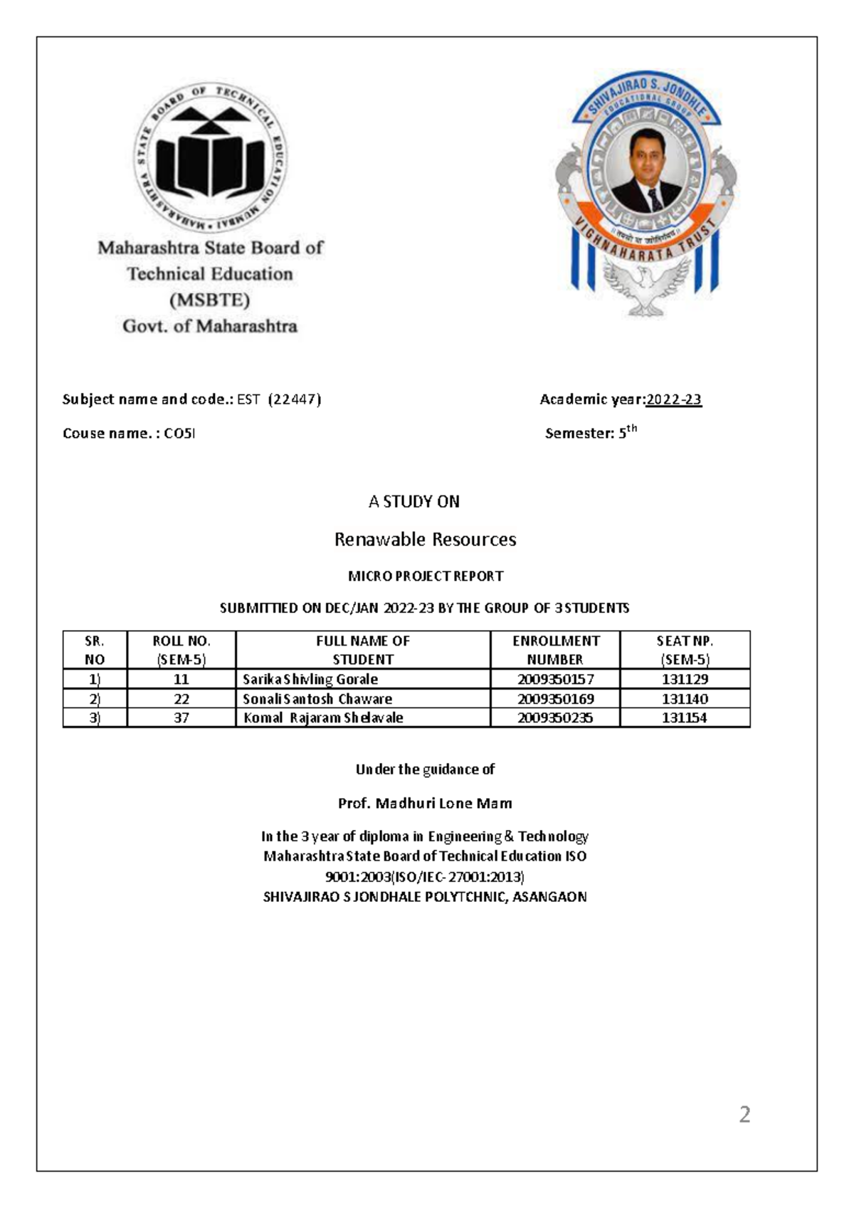 EST 22447 Microproject ssk - Subject name and code.: EST (22447 ...