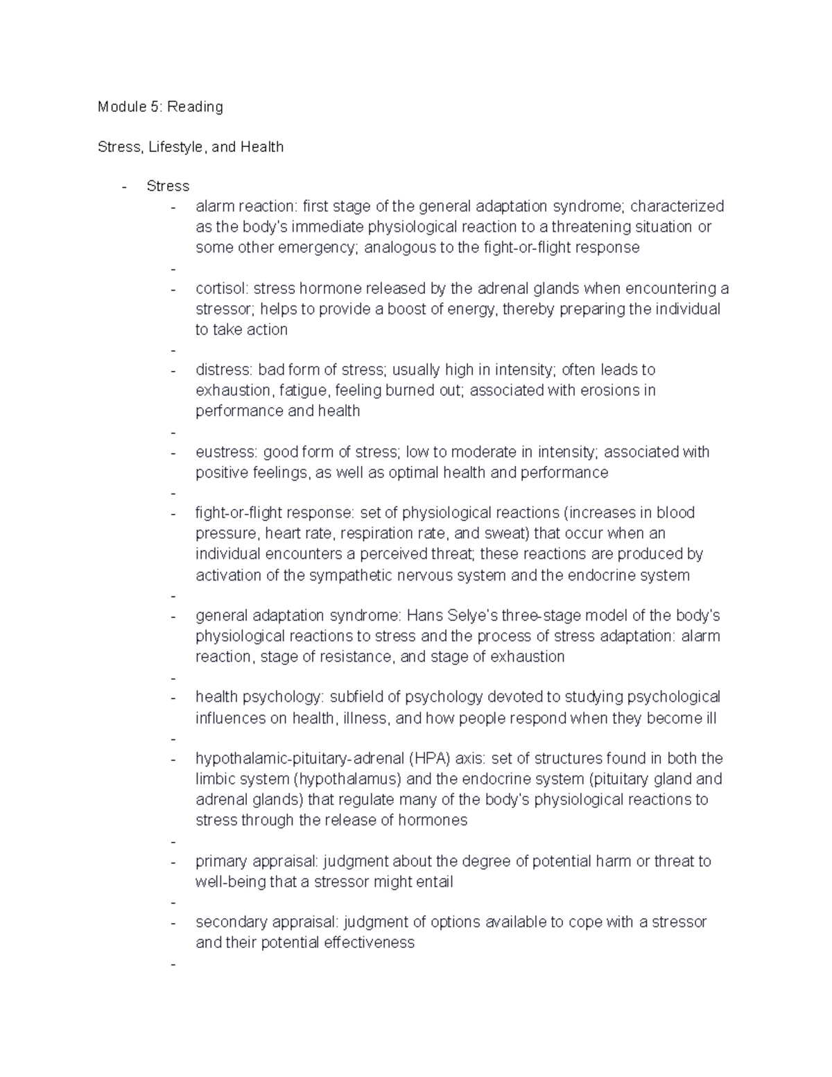 Module 5 Notes - Module 5: Reading Stress, Lifestyle, and Health Stress ...