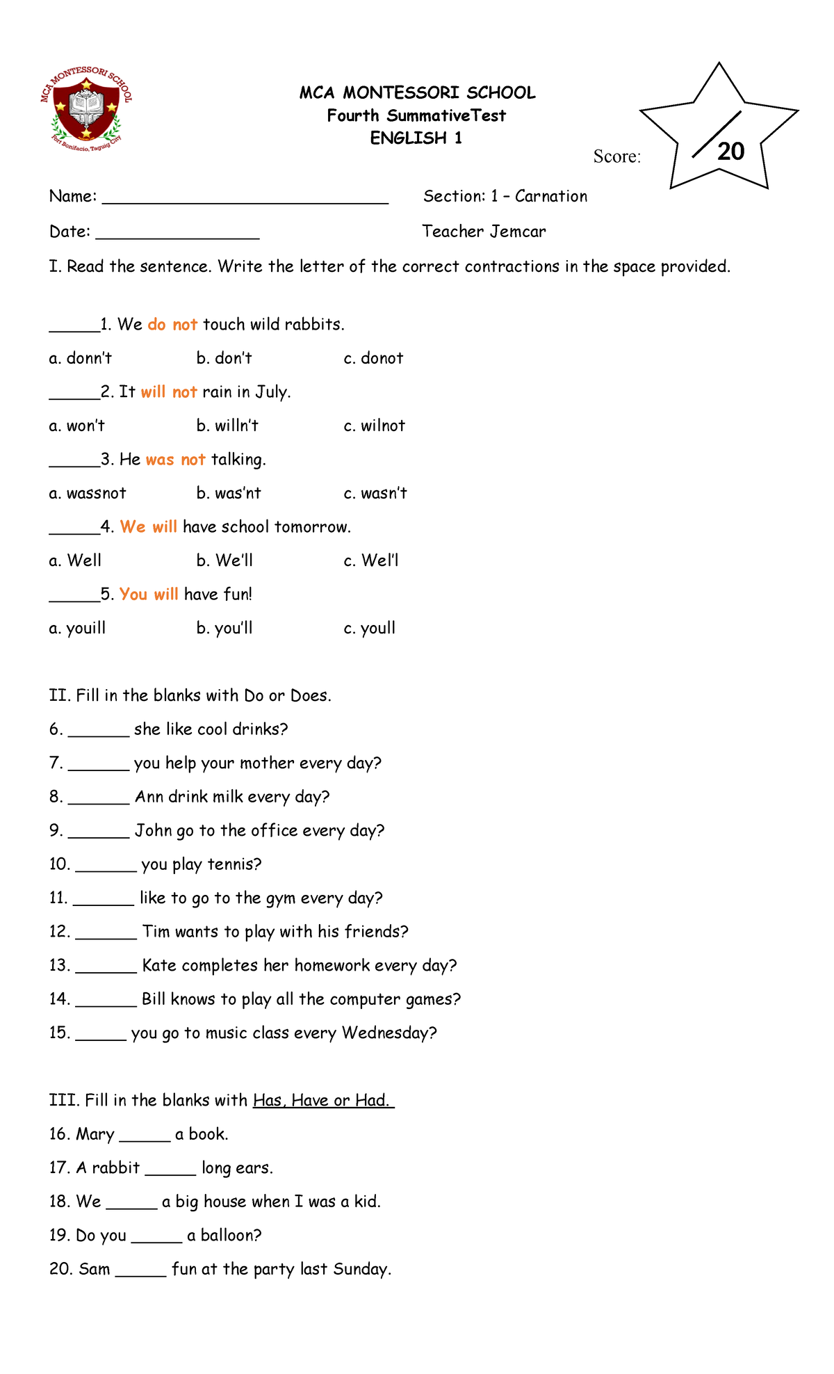 4TH Summative English 1 - Score: MCA MONTESSORI SCHOOL Fourth ...