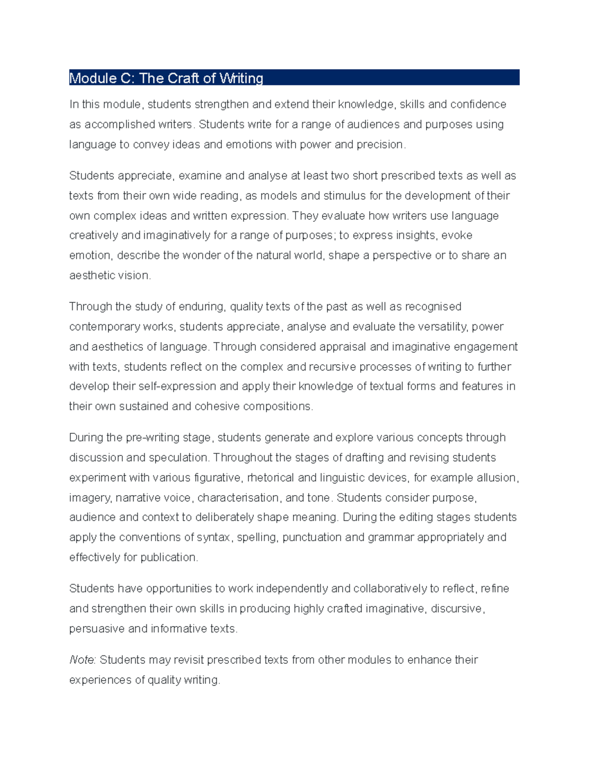 Mod c rubric - Module C: The Craft of Writing In this module, students ...