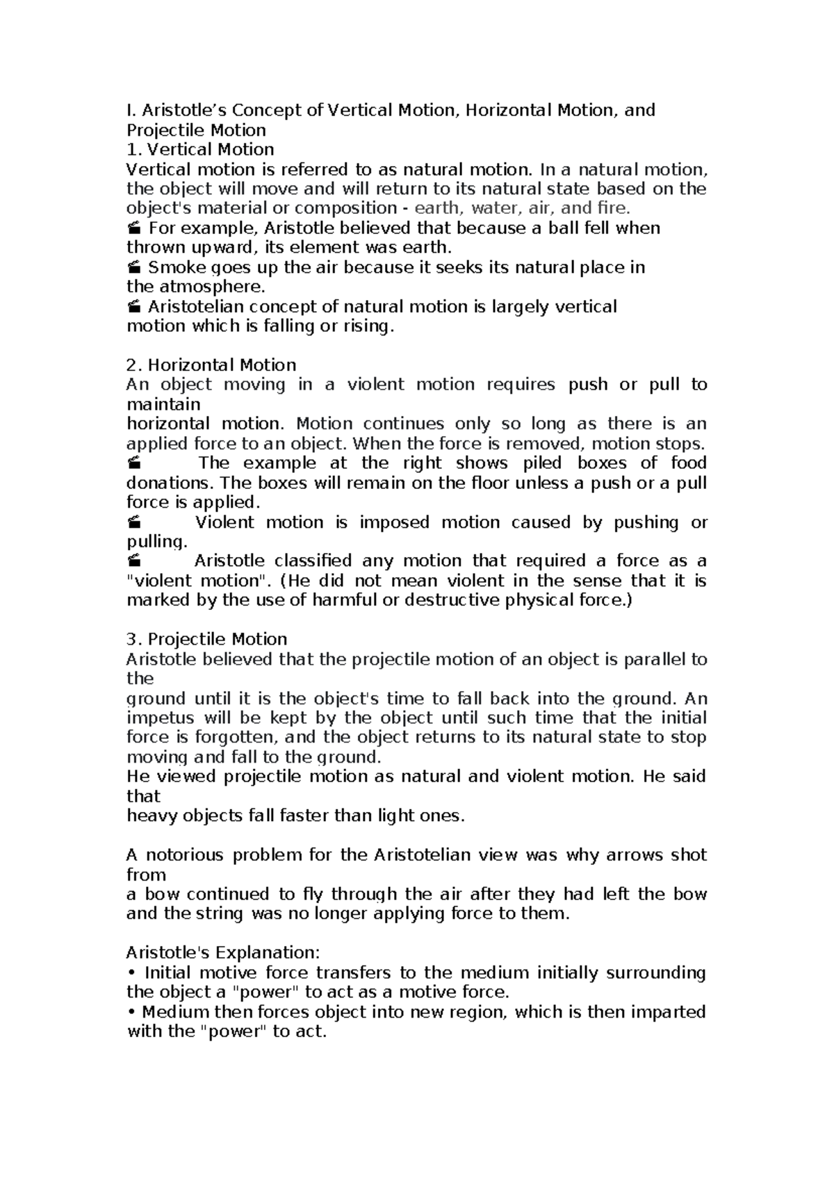 Motion - I. Aristotle’s Concept of Vertical Motion, Horizontal Motion ...