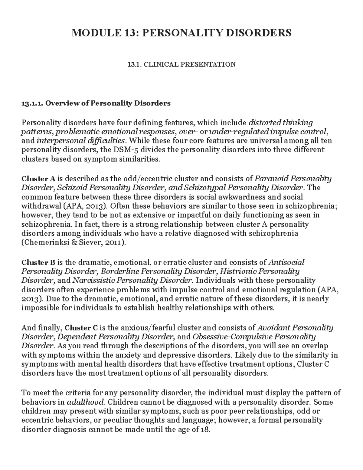 Module 13 Personality Disorders - MODULE 13: PERSONALITY DISORDERS 13 ...