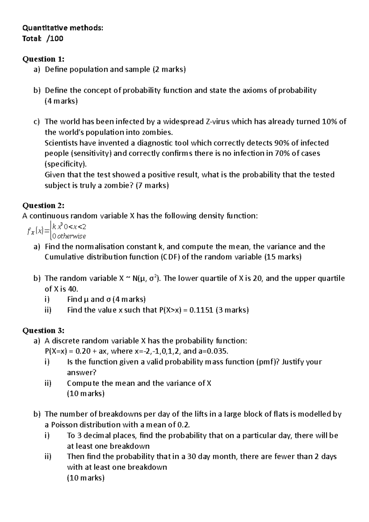 Quantitative methods paper 1 - Quantitative methods: Total: Question 1 ...