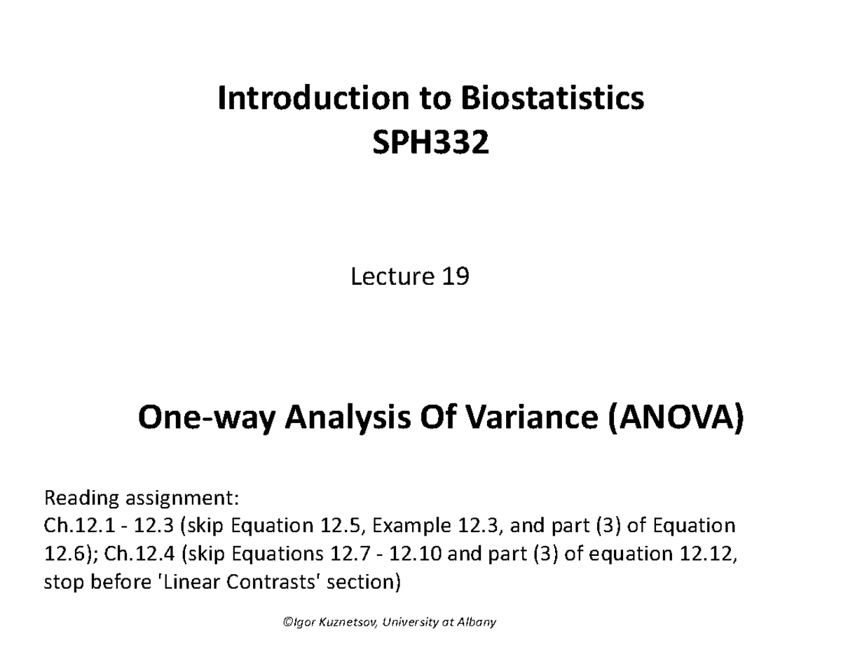 Lecture 19 w/ answers - One-way Analysis Of Variance (ANOVA) Introduction to Biostatistics SPH ...
