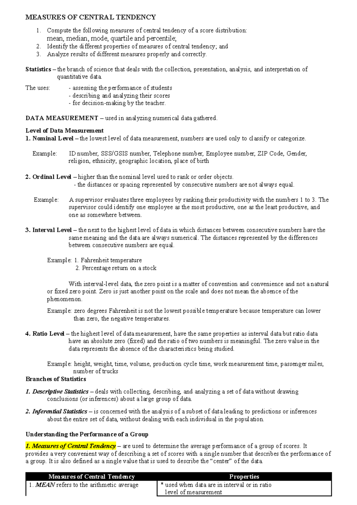 Measures of Central Tendency - MEASURES OF CENTRAL TENDENCY 1. Compute ...