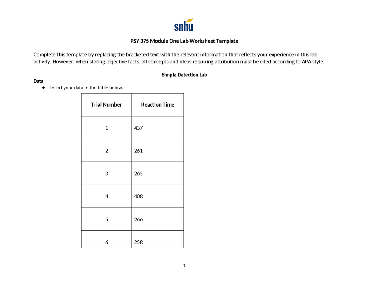 PSY 375 Module One Lab Worksheet Template - PSY 375 Module One Lab ...