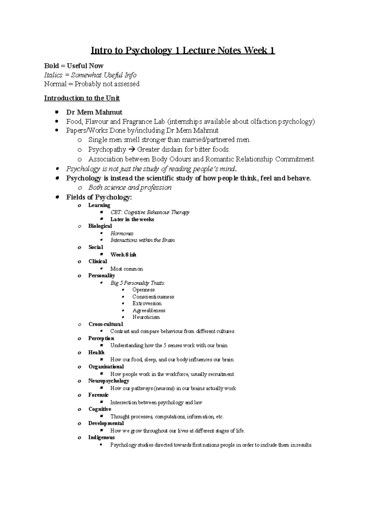 Intro to Psychology 1 Week 1 Lecture Notes - o Psychopathy Greater ...