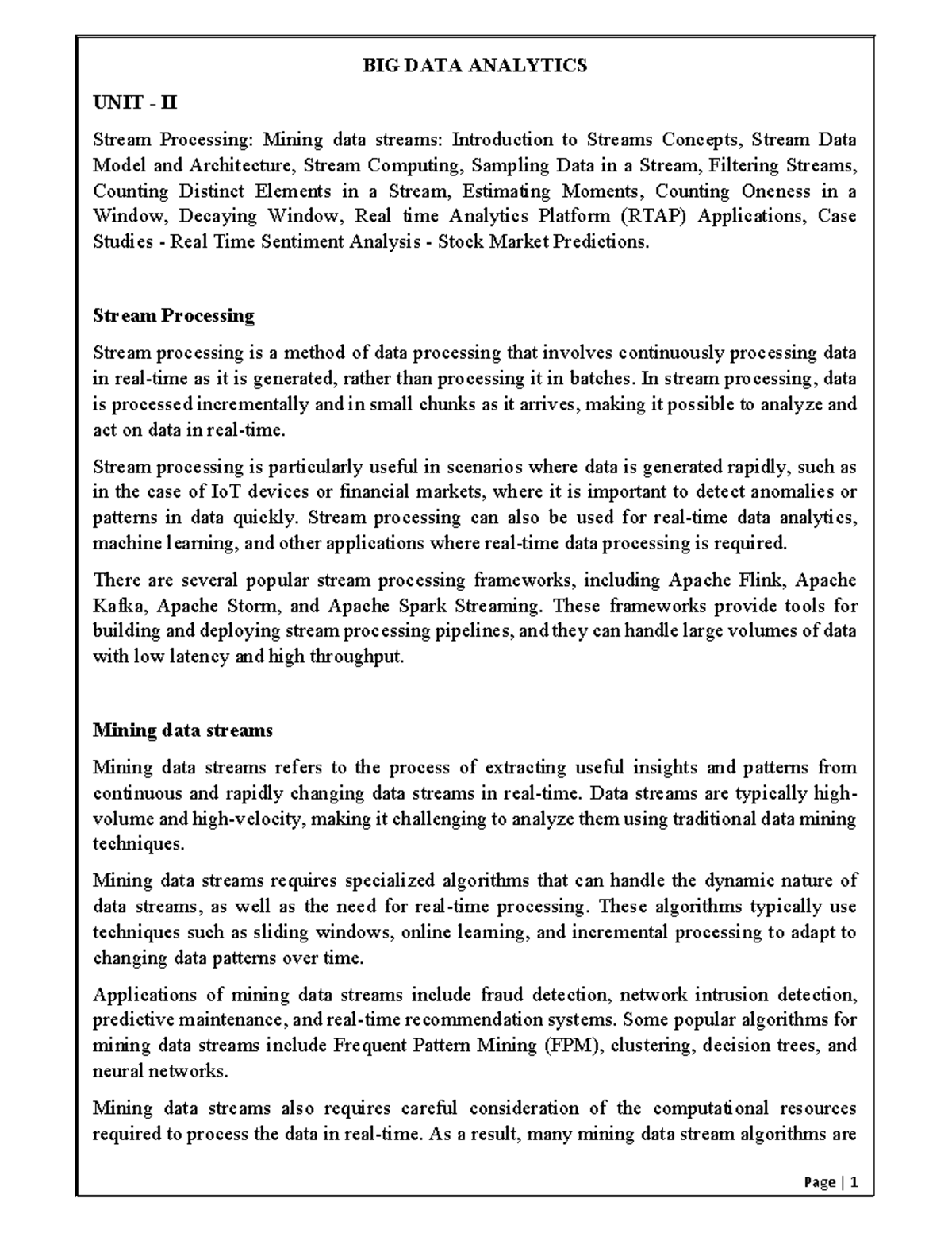 Big Data Analytics Big Data Analytics Unit Ii Stream Processing