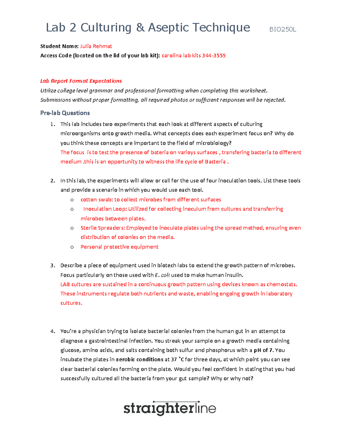 BIO250 Lab 2(final) - lab - Student Name: Julia Rehmat Access Code ...