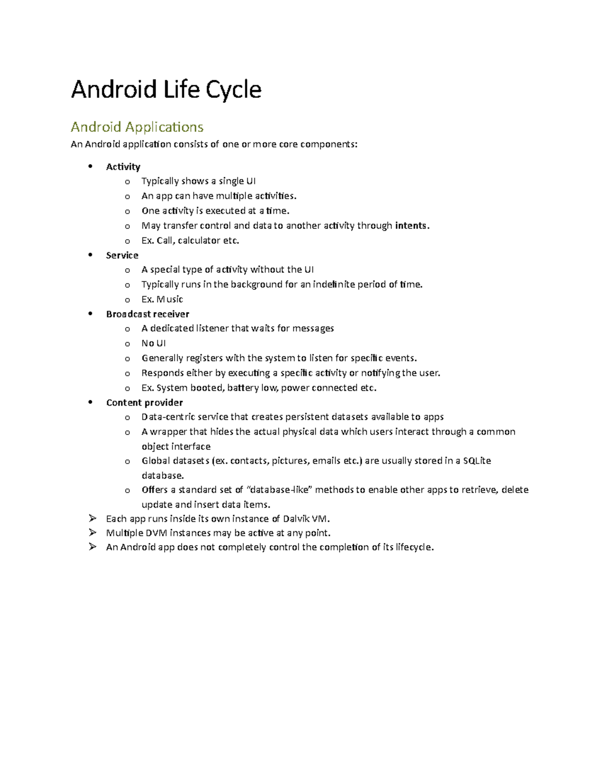 Android life cycle, to sensor - CS 175 - SJSU - Studocu