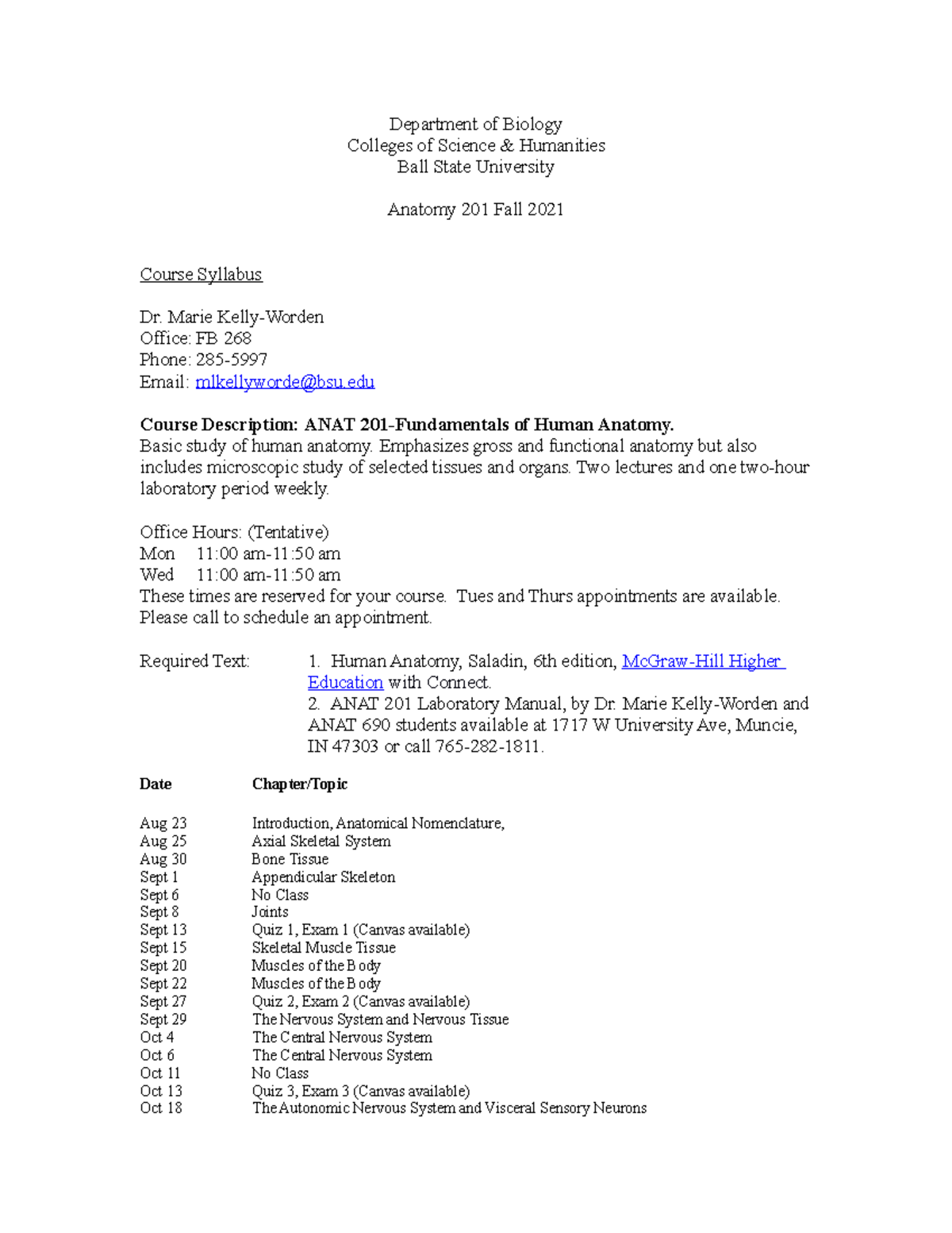 Human Anatomy 201 Fall 2021 Kelly-Worden - Department of Biology ...